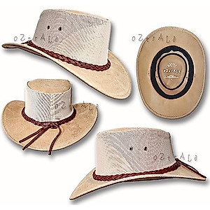 Oztrala~ Suede Leather Breezer Mesh Hat JACARU Cowboy Australian Mens Outback Golf SB 1019 US Sand