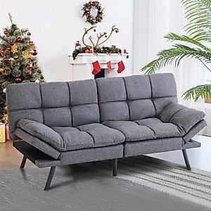 Vyfipt Futon Bed/Couch,Grey Polyester Memory Foam Small Splitback, Easy-Convert Backrests&Armrests,Stain-Resistant Fabric Sofas, 71x33x31.5
