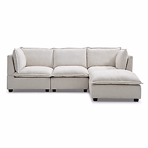 kevinplus 99.3'' Sectional Sofa Couch Cloud Sofa Couch Dupes with Feather Filled for Living Room, Modern Modular 3-Seat L-Shape Sofa Couch with Convertible Ottoman, Linen Fabric, Beige