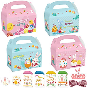 Easter Treat Boxes With Handle 12 Pack, Happy Easter Gift Box with Easter Hang Tags, Easter Treat Boxes, Paper Easter Gift Box , Bunny Eggs Easter Basket, Cardboard Boxes for Party Supplies