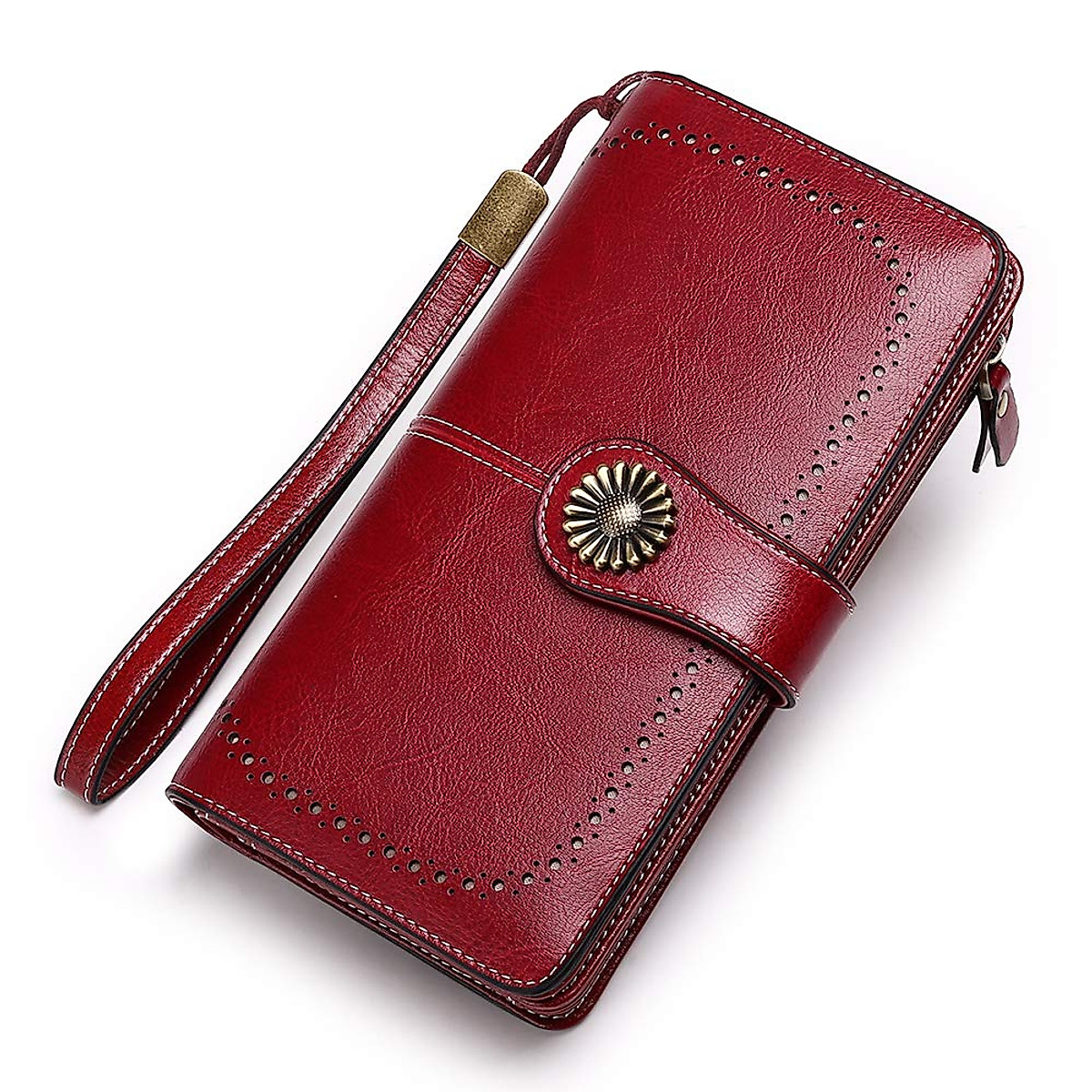 SENDEFN Genuine Leather Wallet for Women Clutch with Strap 24 Card Slots 2 ID Windows Cash Compartments 1 Zipper Pocket Credit Card Holder RFID Blocking Gift Box Included (Red-1)
