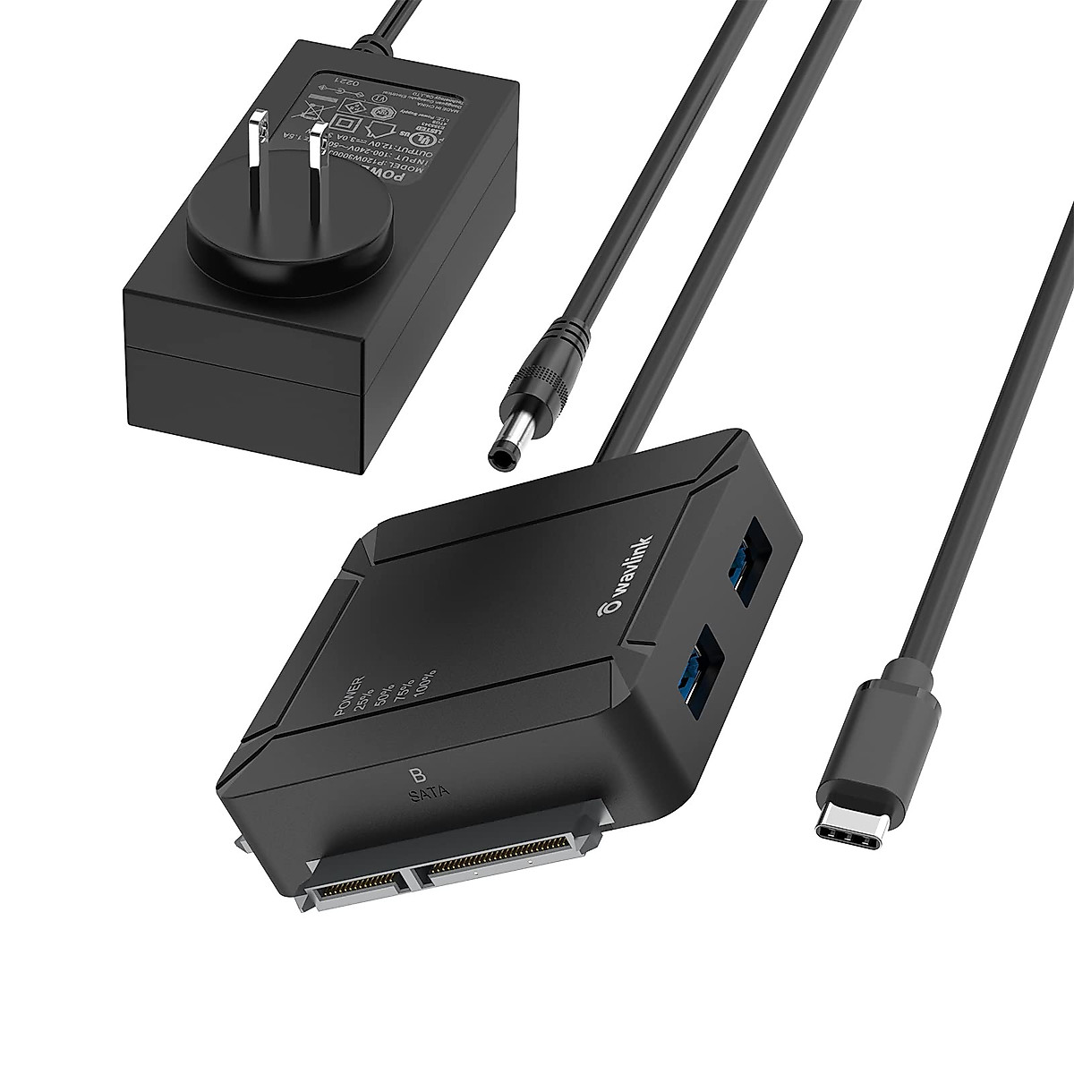 WAVLINK SATA III to USB Adapter Cable, USB C to Dual Bay SATA 3 Converter for 2.5"/3.5'' External Hard Drive HDD/SSD Connector with 2X USB Ports and 12V Power Adapter, Max 2x18 TB