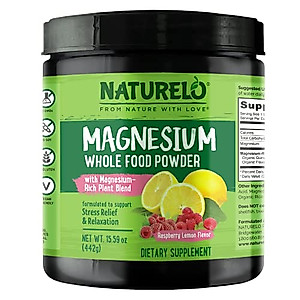 NATURELO Whole Food Magnesium Powder - Supports Stress Relief, Relaxation, Raspberry Lemon Flavor - 85 Servings | 15 oz