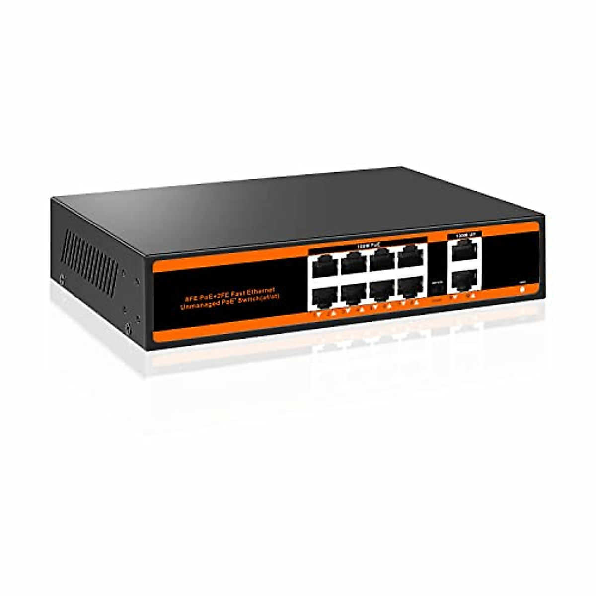 YIDUOYUNCAI 10 Ports PoE Switch,8*100Mbps Port PoE+2*100Mbps UpLink Port,150W Built-in Power,802.3af/at,Metal Fanless,Extend to 250Meter,WallMount,Unmanaged Plug and Play
