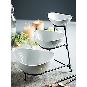 Miamolo Triple Ceramic Serving Bowl Set with Stand - White Serving Tiered Stand,Set of 3 Oval Bowl Set Perfect for Table Decoration Set Party Chip Rack Display Salad Bar Serving Set - Black Stand