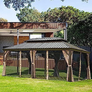 12'x18' Hardtop Gazebo, Outdoor Aluminum Frame Canopy with Galvanized Steel Double Roof, Outdoor Permanent Metal Pavilion with Curtains and Netting for Patio, Backyard and Lawn(Brown)