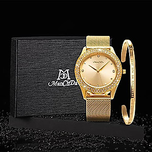 ManChDa Womens Wrist Watch Crystal Case Mesh Stainless Steel Band Bling Ladies Watches Analog Quartz Diamond Classic Fashion Romantic+ Jewelry Cuff Bracelet Set Slim Thin Casual Glitter Dress Watches