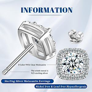 Tunzug Moissanite Halo Earrings Square 0. 5-3 Carat 925 Sterling Silver Plated 18K Gold Plated Friction Flat D Color VVS1 Clear Earrings for Men Women