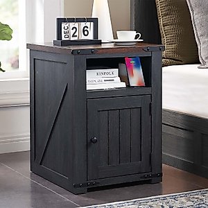 IFGET Farmhouse End Table with Charging Station, 20" Nightstand w/Groove Barn Door, Rustic Wood Bedside Table, Side Table with Storage w/Open & Adjustable Shelf for Bedroom, Living Room (Dark Grey)