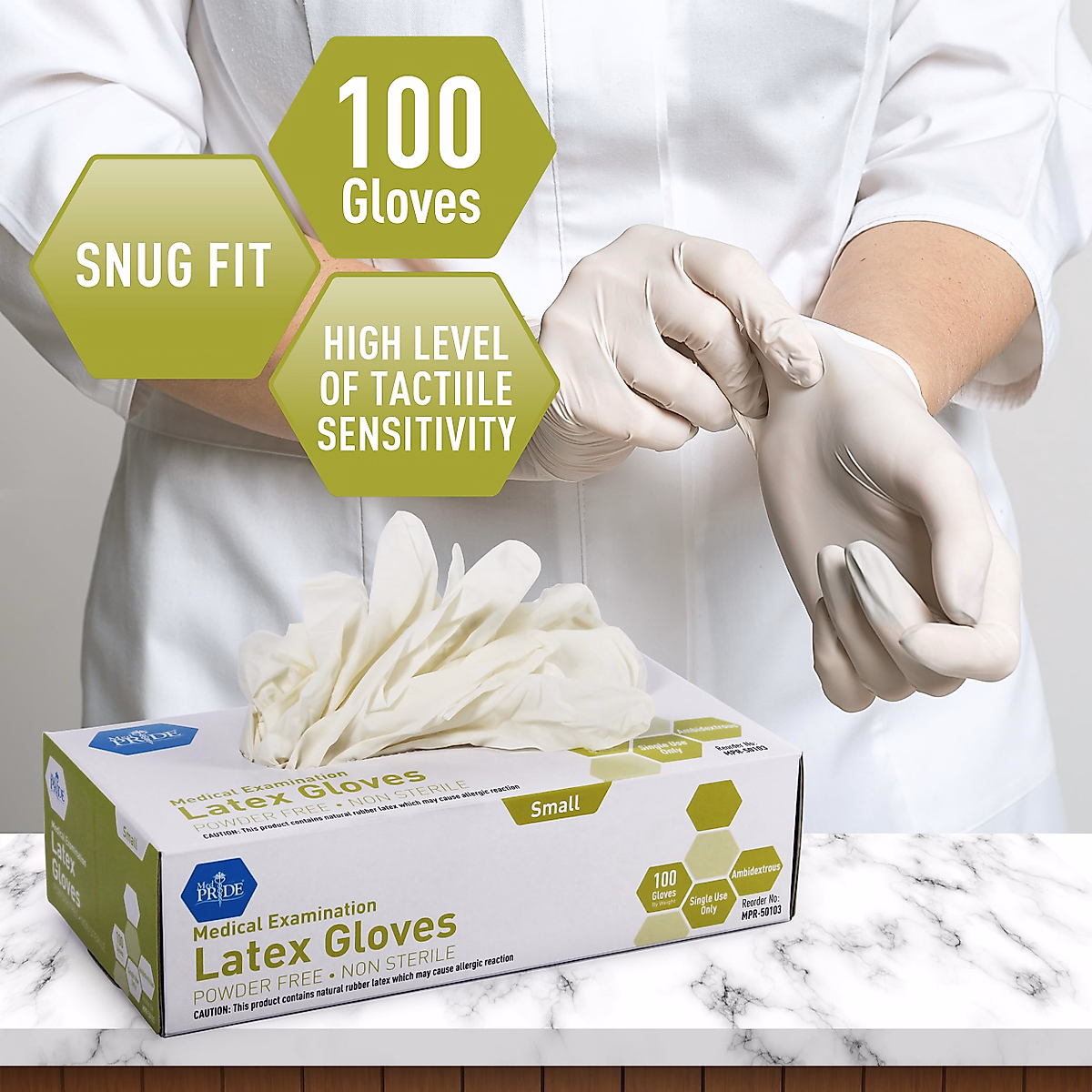 MED PRIDE Medical Exam Latex Gloves| 5 mil Thick, Small Box of 100 Powder-Free