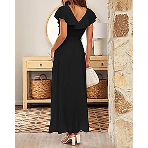 BTFBM Women's Summer Chiffon Maxi Dresses Deep V Neck Ruffle Short Sleeve Beach Party Cocktail Flowy Wrap Dress with Belt(Solid Black, Medium)