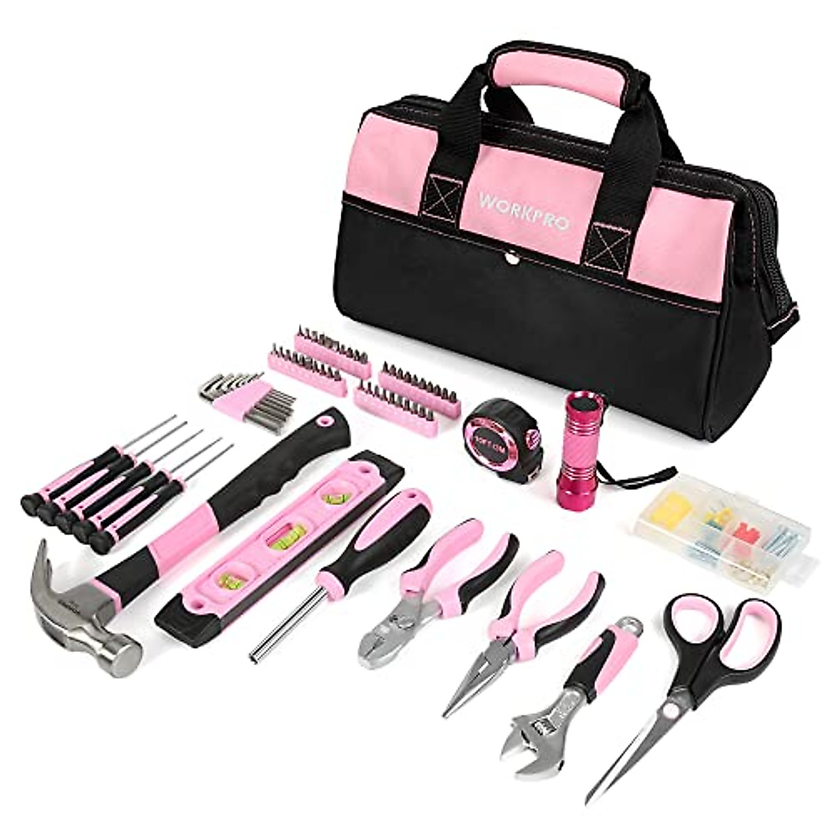 WORKPRO Pink Tool Kit, Home Repairing Tool Set with Wide Mouth Open Storage Bag, Household Tool Kit - Pink Ribbon