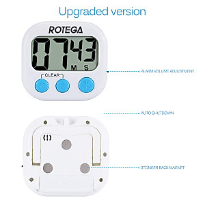 ROTEGA 3 Pack Upgrade Magnetic Digital Kitchen Timer, Auto Shut-Off, Loud Alarm and Volume Adjustable,Strong Magnet Back, Large LCD Display, Premium Count-Up & Count Down for Cooking, Classroom,White