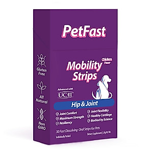PETFAST Mobility Strips for Hip & Joint - Fast-Acting Oral Supplement with UC-II® for Dogs and Cats - Joint Health Support with Boswellia, Choline, Vitamin E & D3 - Fast Dissolving Strips