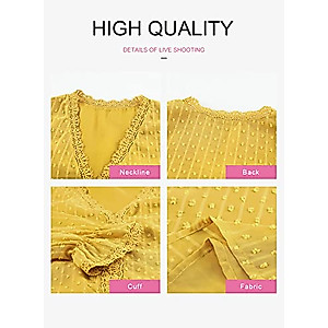 Diukia Women's Fashion Cute Swiss Dot Pom Pom Puff Long Sleeve Pullover Blouses Summer Sexy Lace Trim V Neck Blouse Tops Ladies Casual Loose Solid Chiffon Shirts Blouses for Autumn Spring Yellow XL