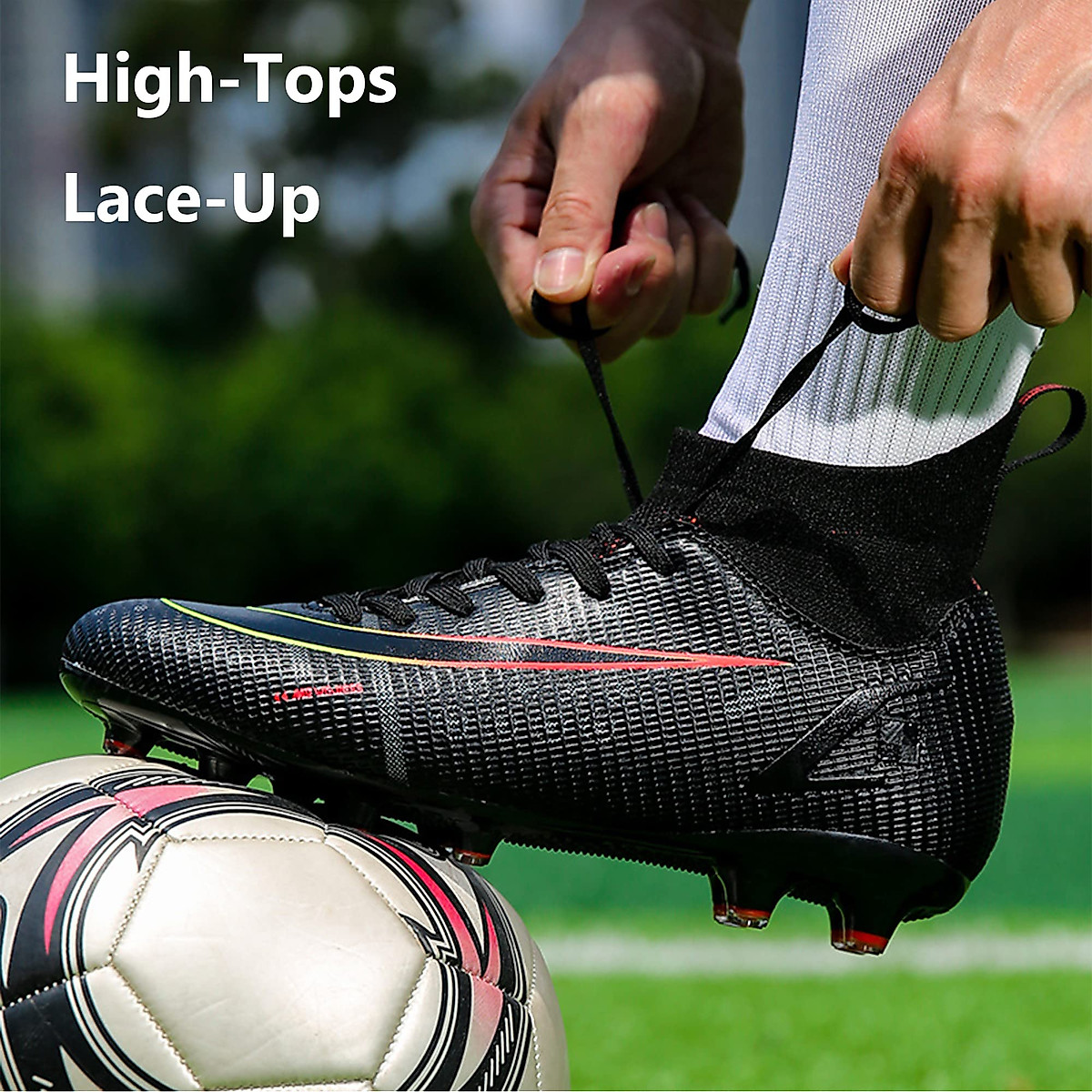 HHY Men's Soccer Cleats Football Shoes High-Tops Non-Slip Spikes Breathable Firm Ground Turf Running Workout Boots Black EU 41