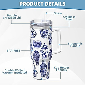 Xiexide 40oz Fits Cup Holder Sports Blue And White Porcelain Chinese Style Chinoiserie Antique Double Walled Vacuum Insulatedith Handle And Straw,Hot & Cold Drinks