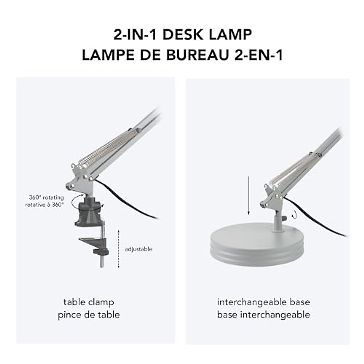 Globe Electric 56106 28" Spring Balanced Arm Desk Lamp, Matte Gray, On-Off Rotary Switch on Shade, Interchangeable Base and Clamp Arm Design, Home Décor, Desk Lamps for Home Office, Home Décor