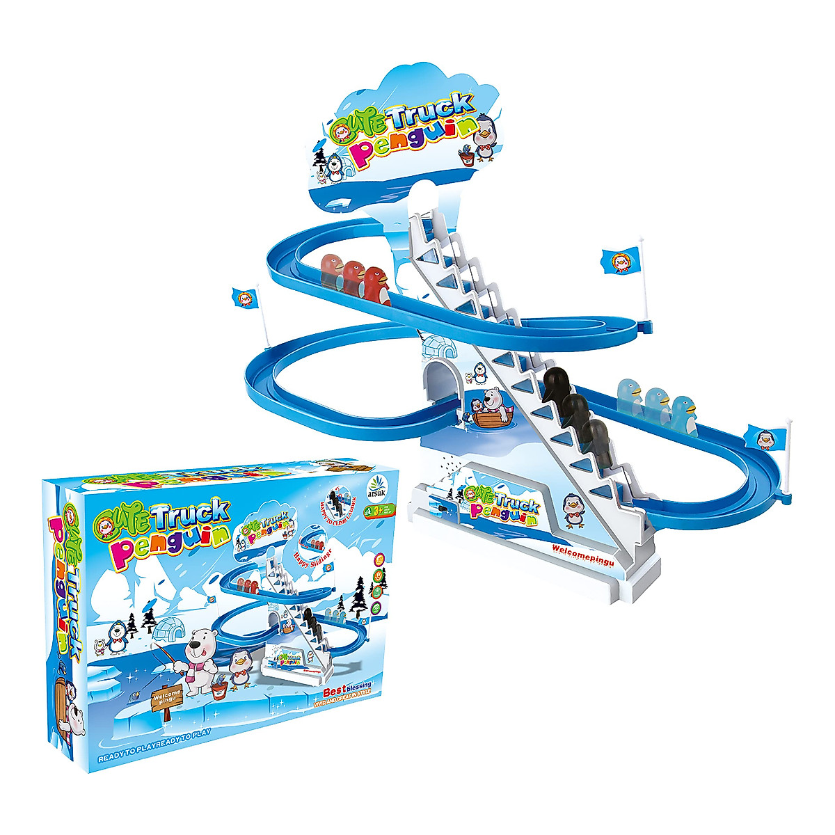 ARSUK Playful Penguin Race Game, Roller Coaster Musical Toy Track Playset with Music & LED Flashing Lights On/Off Button for Toddlers and Kids Gift