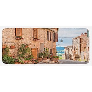 Ambesonne Mediterranean Kitchen Mat, Medieval Old Town in Tuscany Mediterranean Historic Culture Village Town Stone Photo, Plush Decorative Kitchen Mat with Non Slip Backing, 47" X 19", Tan