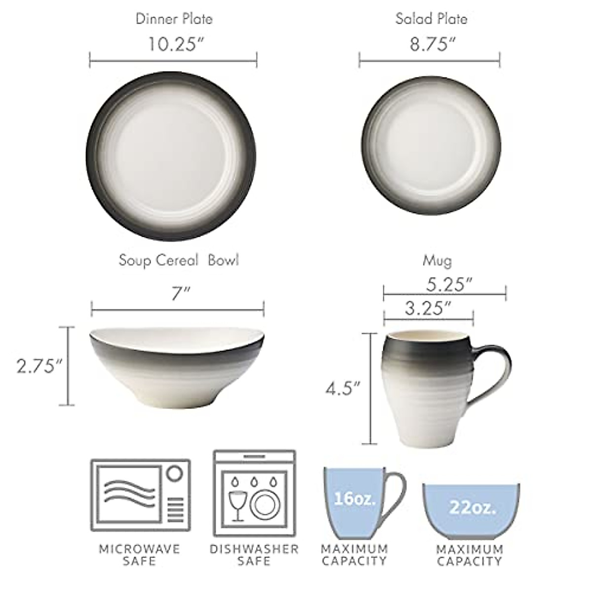 Mikasa Swirl Ombre Graphite 16 Piece Dinnerware Set, Service for 4