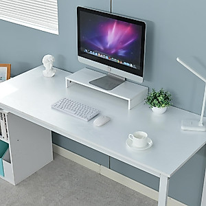 MaverickFurni White Desk with Drawers, 55 Inch White L Shaped Desk with 3 Drawers, Computer Desk with Monitor Stand, White Home Office Sturdy Desk with Storage for Bedroom