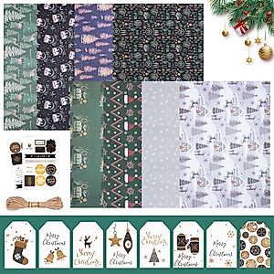 Larcenciel Christmas Wrapping Paper, 8 Sheets Pine Snowflakes Gift Wrapping Paper w/Gift Tag Ribbons Stickers, Xmas Thick Kraft Gift Wraps Set for Christmas New Year Holiday Birthday Party,27.6x19.7in
