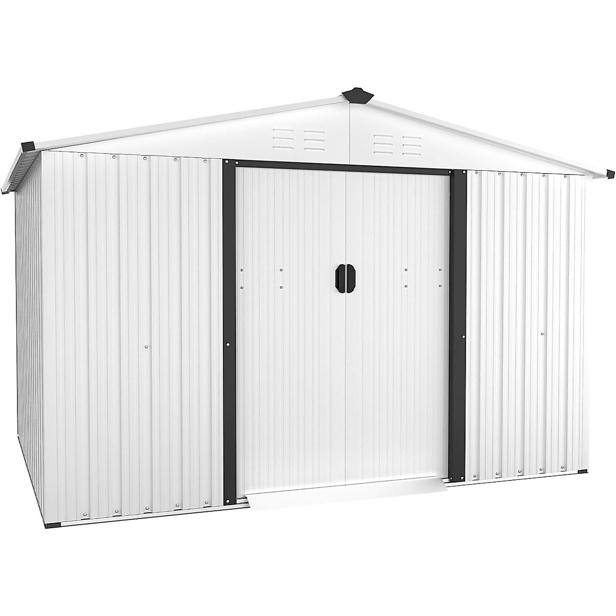 Crownland Outdoor Vented Backyard Garden Storage Shed 6 x 8 Feet Tool House with Sliding Door Outdoor Lawn Steel Roof Sheds (White), 6x8FT