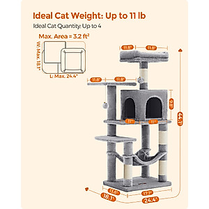 Feandrea Cat Tree, 44.1-Inch Cat Tower for Indoor Cats, Multi-Level Cat Condo with 4 Scratching Posts, 2 Perches, Hammock, Cave, Light Gray UPCT261W01