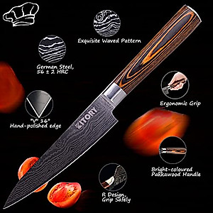Kitory Kitchen Utility Knife 5 Inch Damascus Pattern Small Chef Knife with Sheath, German High Carbon Stainless Steel, Ergonomic Pakkawood Handle, Sharp Cooking Knife for Home&Restaurant