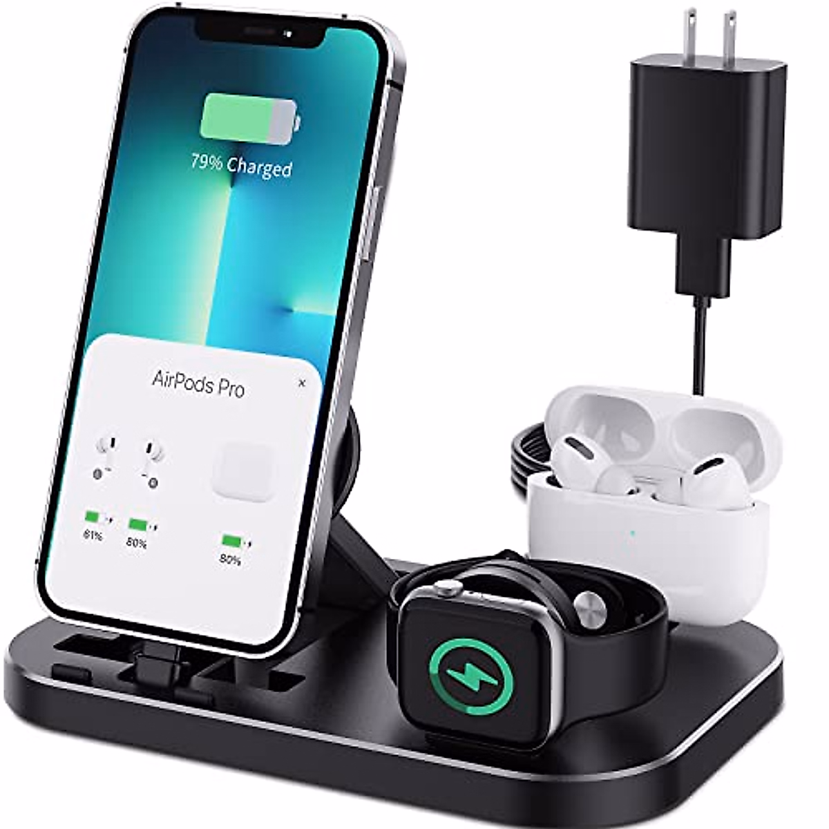 Portable 3 in 1 Charging Station for Apple Products, Foldable Charging Dock for iPhone/AirPodsi Series, Charging Stand Compatible with iWatch Ultra/8/7/6/5/4/3/2/1/SE(with 15W Adapter)(Black)