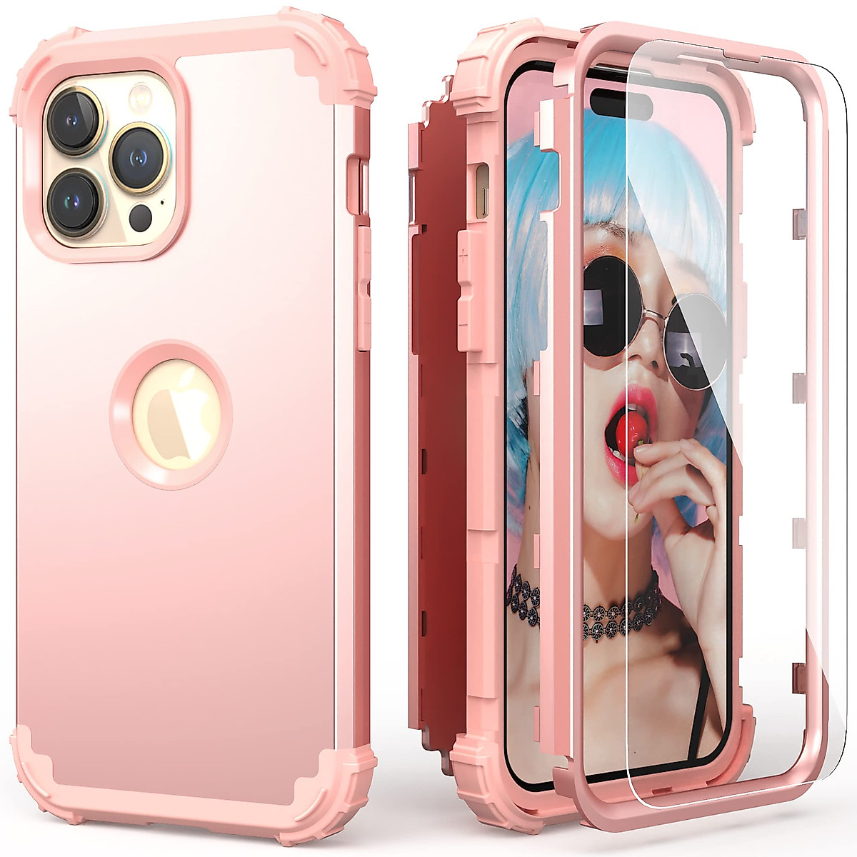 IDweel for iPhone 14 Pro Max Case,for iPhone 14 Pro Max with Screen Protector for Women, 3 in 1 Shockproof Slim Fit Hybrid Heavy Duty Hard PC Cover Soft Silicone Bumper Full Body Case,Rose Gold