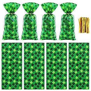 Boerni St. Patrick's Day Four-leaf clover Irish Lucky Shamrock Cellophane Plastic Candy Cookie Treat Goodies Gift Bags 100pcs And Gold Twist Ties for Saint Patrick's Day Party Favor Supplies
