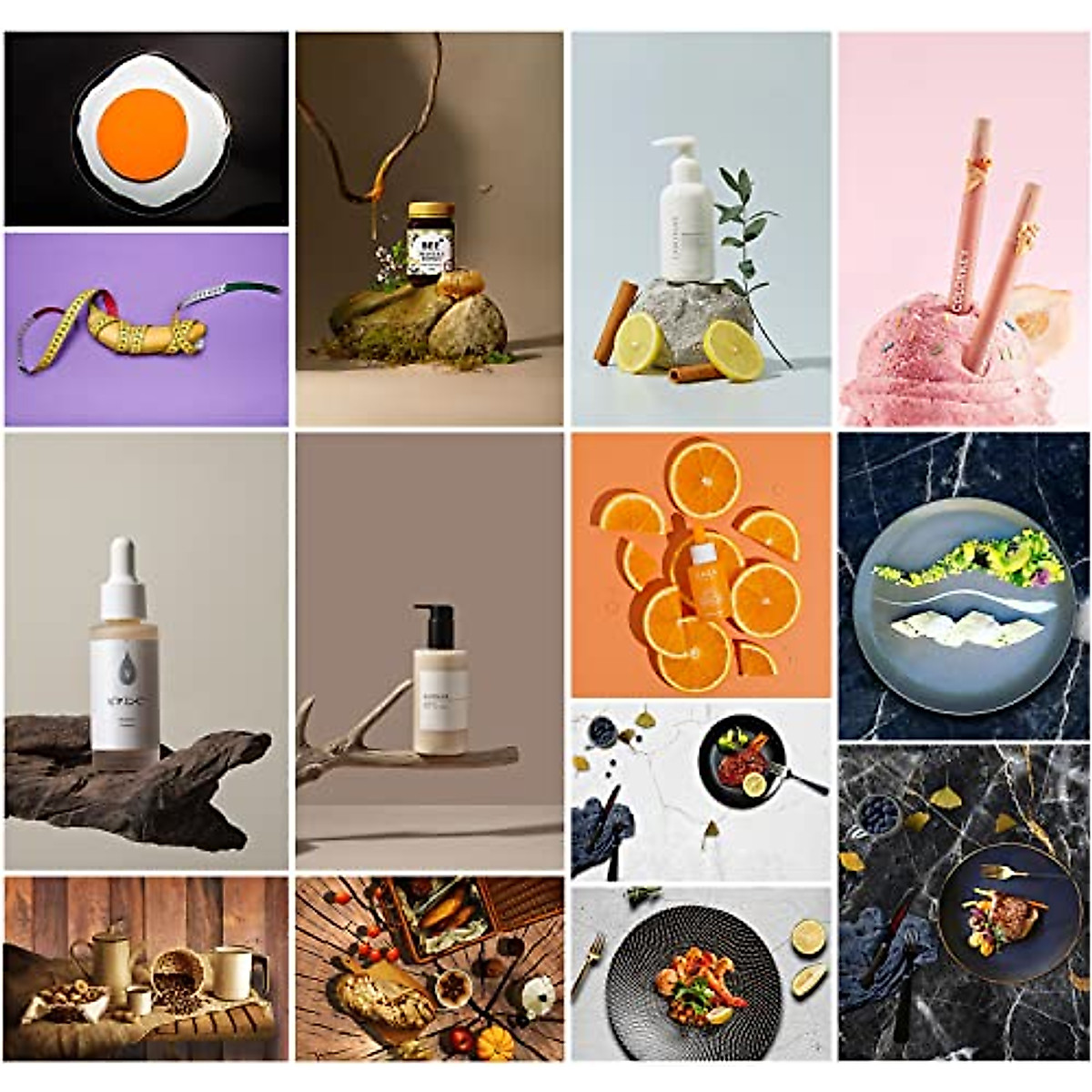 Exzycke 7PCS 14Patterns Photography Background Paper with Stand, 34x23in Double-Sided Photo Tabletop Backdrops Props for Food Jewelry Cosmetics Makeup (Black Purple Orange)