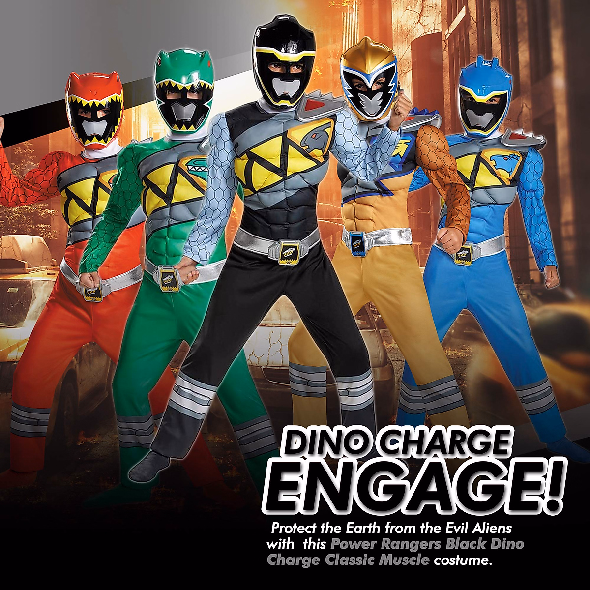 Black Power Rangers Costume for Kids. Official Licensed Black Ranger Dino Charge Classic Muscle Power Ranger Suit with Mask for Boys & Girls, Small (4-6)