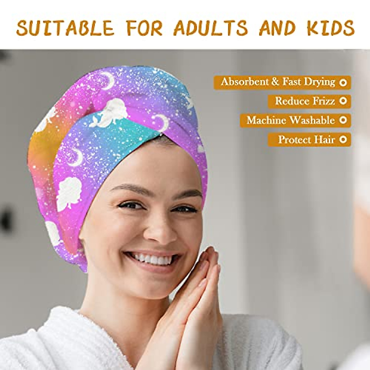 2 Pack Hair Towel Wraps for Kids Girls, Microfiber Hair Towel Mermaid Rapid Drying Towel with Button for Hair Turbans for Wet Hair Head Towels Wrap Twisty Anti Frizz Towel for Kids Women Girls