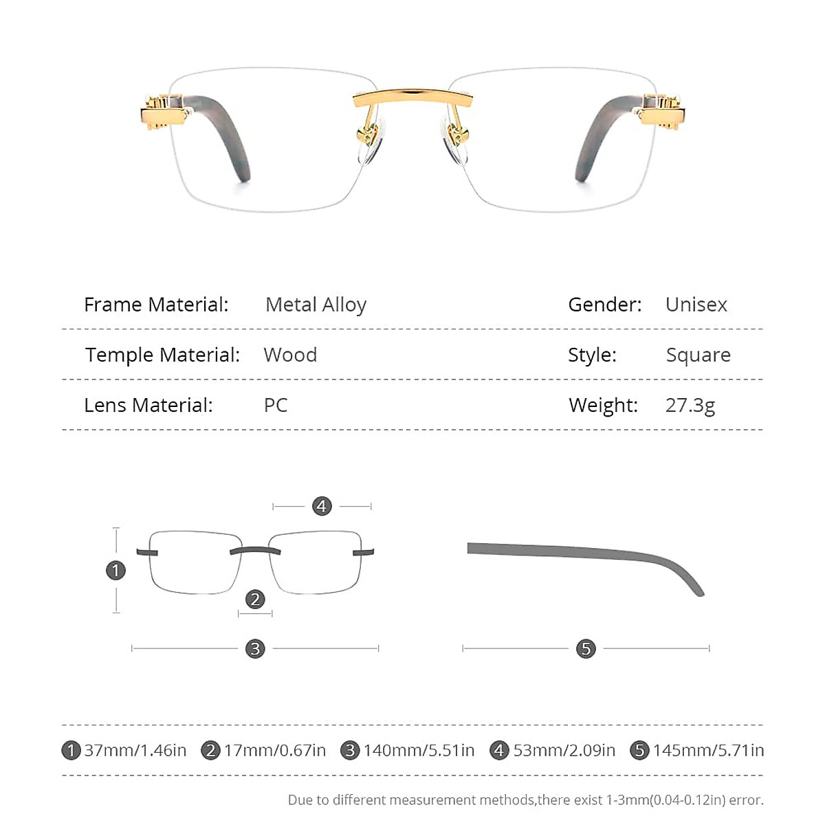 HEPIDEM 100% Really Buffalo Horn Handmade Glasses Frame Square Rimless Luxury Buffs Eyeglasses (50251 Really Red Wood)