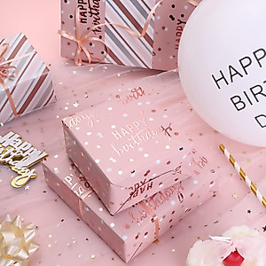 LeZakaa Reversible Birthday Wrapping Paper Roll - Happy Birthday Lettering & Stripe Design with Metallic Foil in Pink - 17 inches x 32.8 Feet (46.45 sq.ft.)