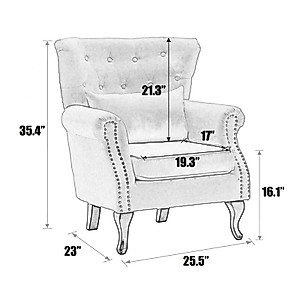 Accent Chairs, Mid Century Modern Armchair with Rivet Roll Arm, Brushed Linen Tufted Wingback Boho Chair for Living Room, Bedroom, Lounge, Vanity, Reading (Gray)