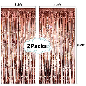 2 Pcs 3.2ft x 8.2ft Shiny Rose Gold Metallic Tinsel Foil Fringe Curtains Photo Booth Backdrop for Birthday Wedding Holiday Celebration Bachelorette Party Decorations (Rose Gold)