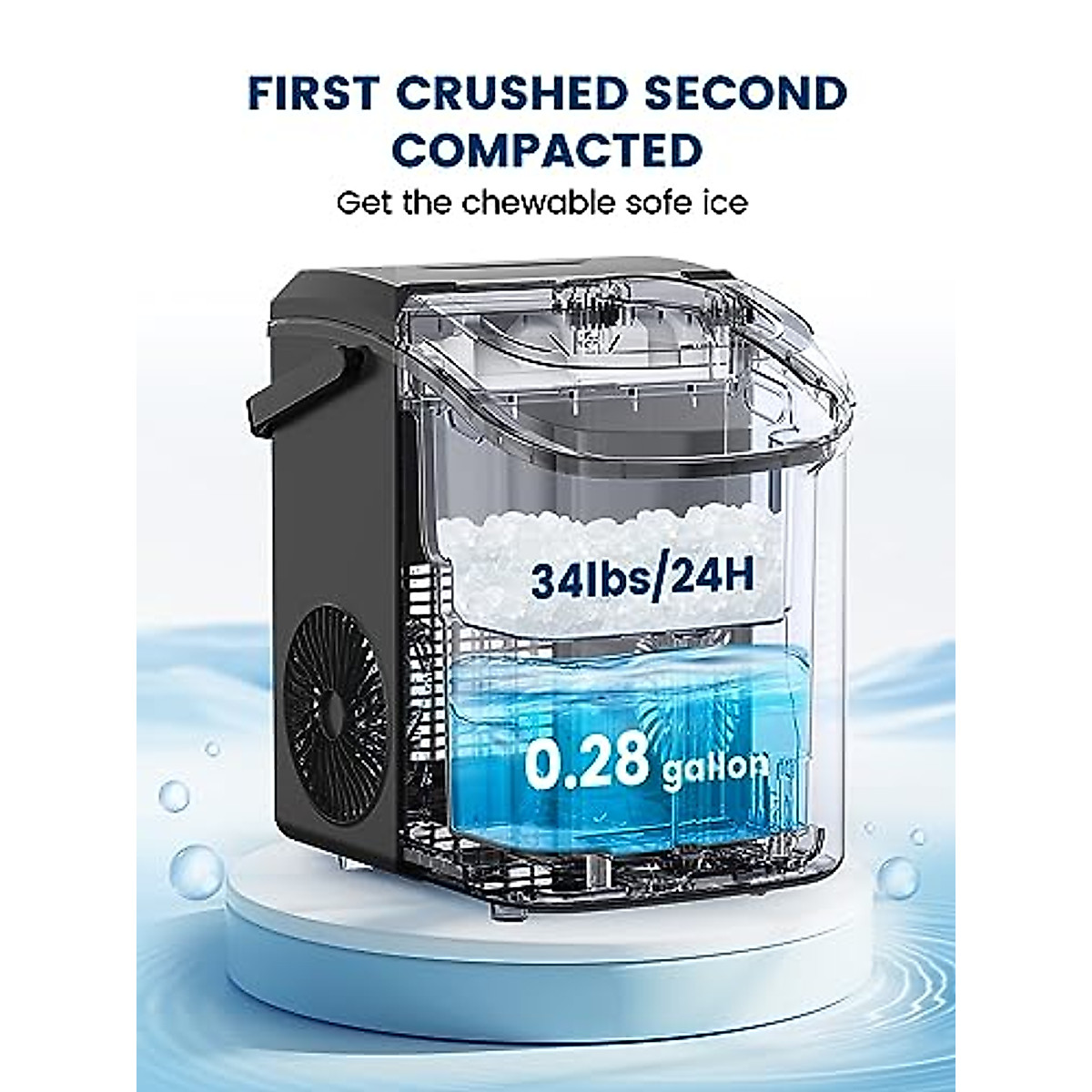 Kndko Nugget Ice Maker Countertop,34lbs/Day,Portable Crushed Ice Machine,Self Cleaning with One-Click Design & Removable Top Cover,Soft Chewable Pebble Ice Maker for Home Bar Camping RV,Black Basic