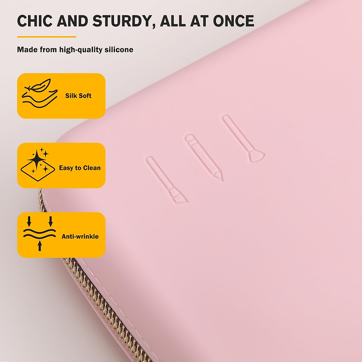 BEZOX Stylish Silicone Makeup Brush Bag - Travel Makeup Brush Holder, Portable Cosmetic Bag Zipper Pouch, Silicon Toiletry Bag Case - Pink