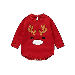Baby Christmas Romper Sweater Crew Neck Deer Print Long Sleeve Knitted Pullover Tops Spring Fall Winter Bodysuit (Red, 6-9 Months)