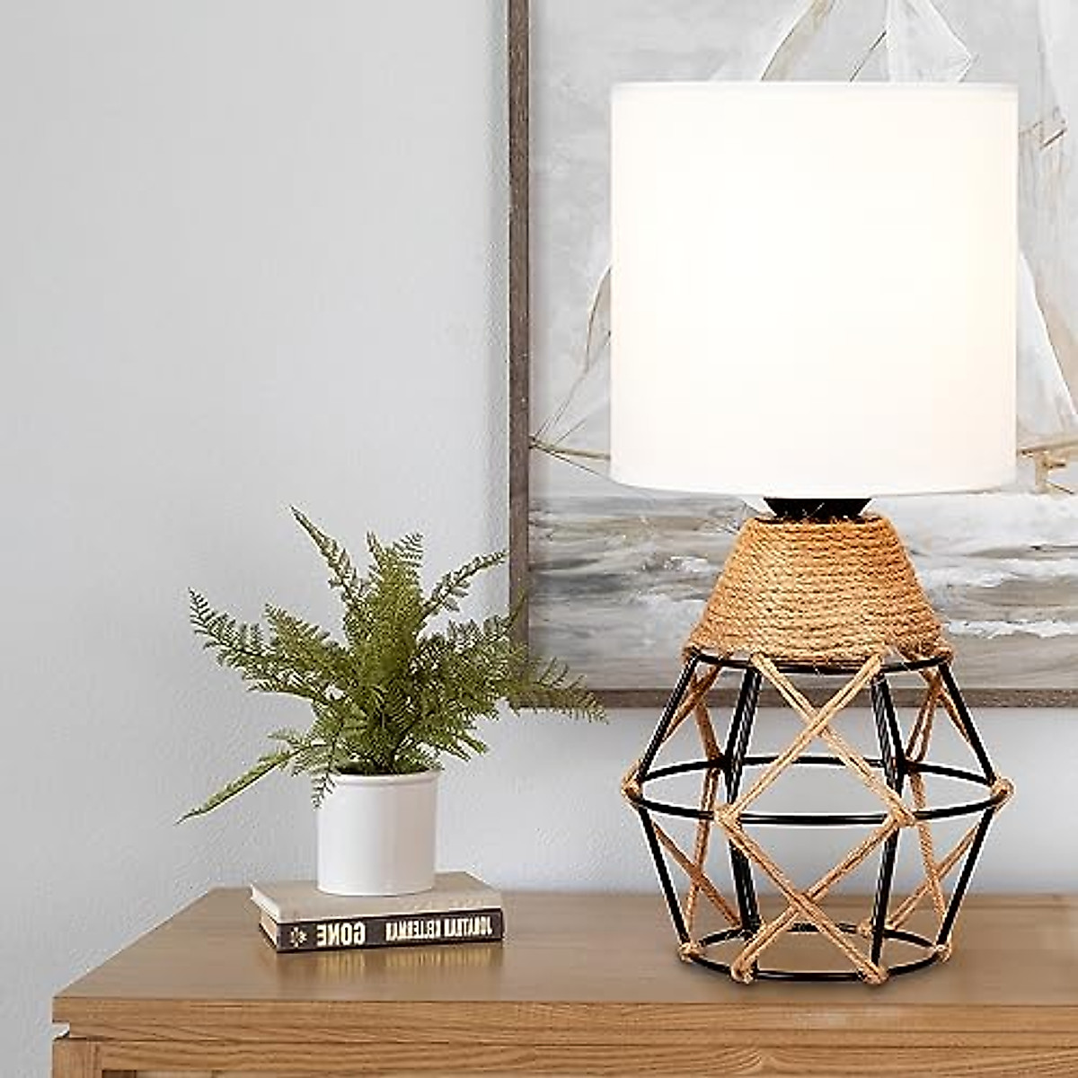 Hamilyeah Boho Lamp, Woven Table Lamp for Nightstand with On/Off Switch, Bedroom Lamp with White Fabric Shade, Simple Lamp for Bedside, Living Room