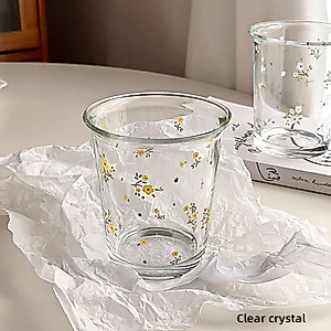 yaocoral Set of 2 12 OZ French Glassware Floral Drinking Glasses,Stackable Flower Glass Cup for Juice,Coffee,Iced Tea,Milk,Dessert,Mixed Drinks,Floral Drinkware Set(white yellow)