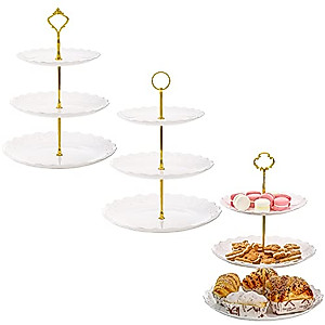 Tosnail 3 Pack 3 Tiers White Plastic Cupcake Stand Dessert Stand Tiered Serving Trays with 3 Styles Gold Rod, Party Serving Trays Fruit Pastry Holders for Wedding and Party - Heart and Flower Embossed