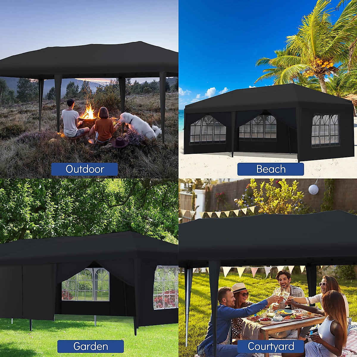 FOOWIN Canopy 10'X20' Tent Pop-up Canopy Commercial Tent with 6 Removable Sidewalls Tents for Parties with 12pcs Stakes，6 pcs Ropes Outdoor Carport Canopy Shade for Patio/Outdoor (Black)