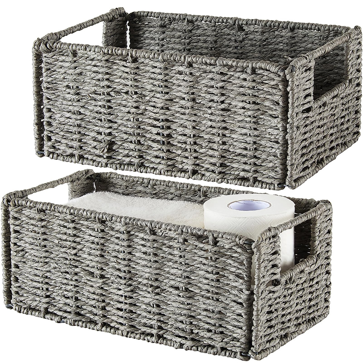 Vagusicc Wicker Baskets for Storage, Wicker Baskets for Shelves, Set of 4 Hand-Woven Round Paper Rope Storage Baskets Wicker Baskets for Organizing Storage Bins, Grey