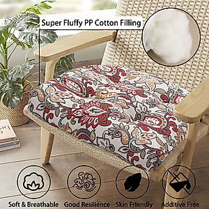 Magpie Fabrics Outdoor/Indoor Tufted Seat Cushion with Ties Set of 2, 19"x19" Waterproof Patio Chair Pads Tatami Floor Pillow for Room Garden Balcony Office Decor(Botanical Red)