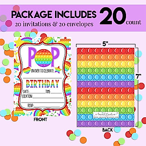 Pop On Over Popper Toy Fidget Themed Birthday Party Invitations for Kids, 20 5x7 Fill In Cards with Twenty White Envelopes by AmandaCreation